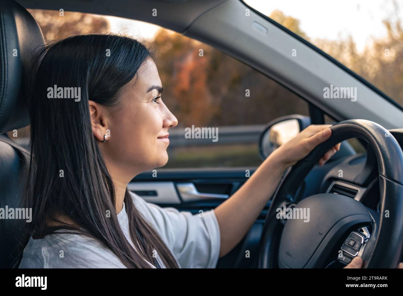 Attractive young woman driving a car, view from inside Stock Photo - Alamy