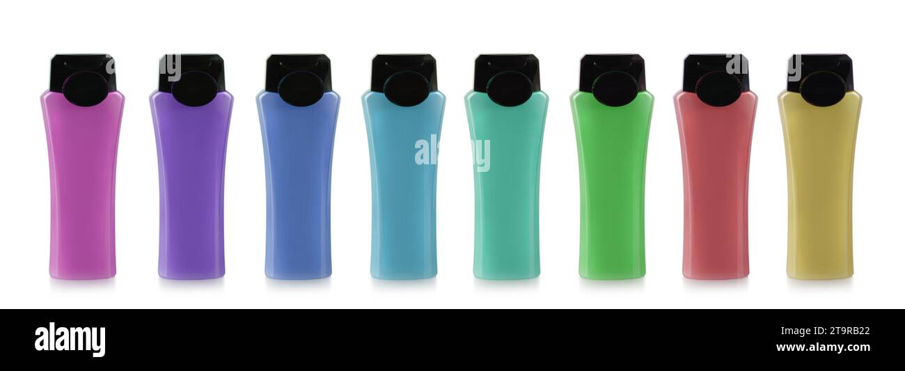 The set of colored plastic bottles with shower gel isolated on white ...