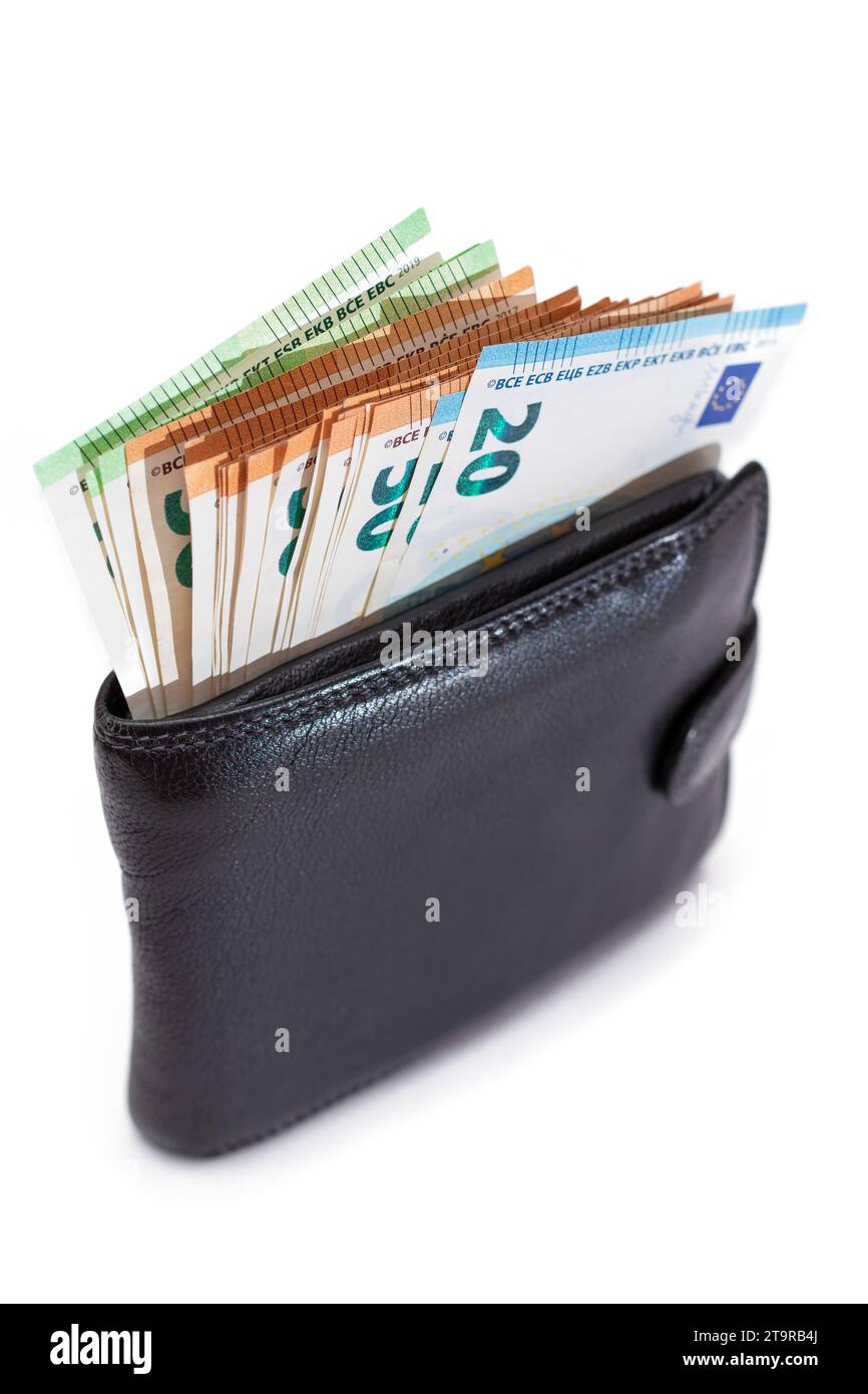 Black Leather Men Wallet with Euro Banknotes Inside - Isolated on White ...