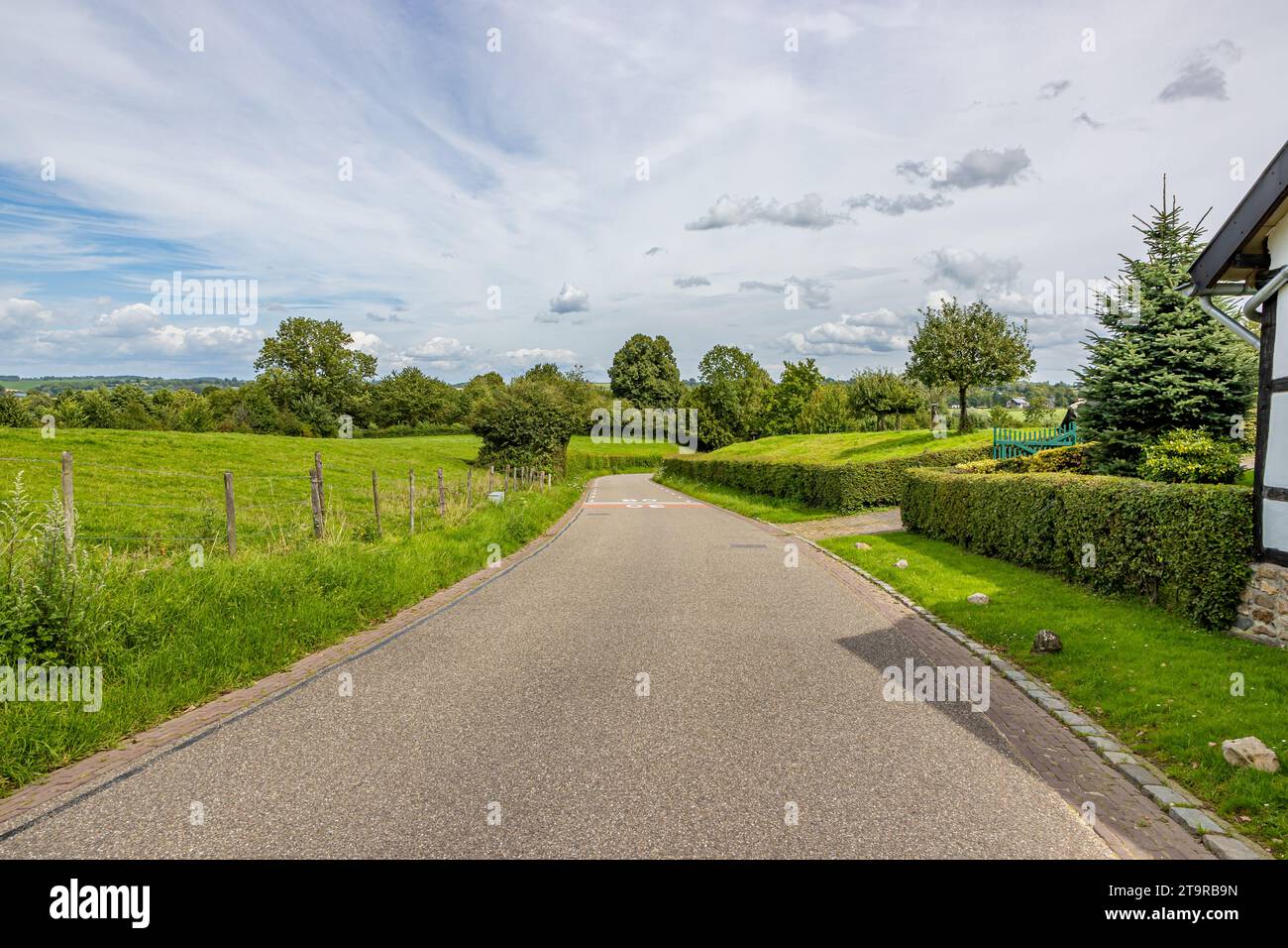 Empty rural road disappearing into background on a curve between plot ...
