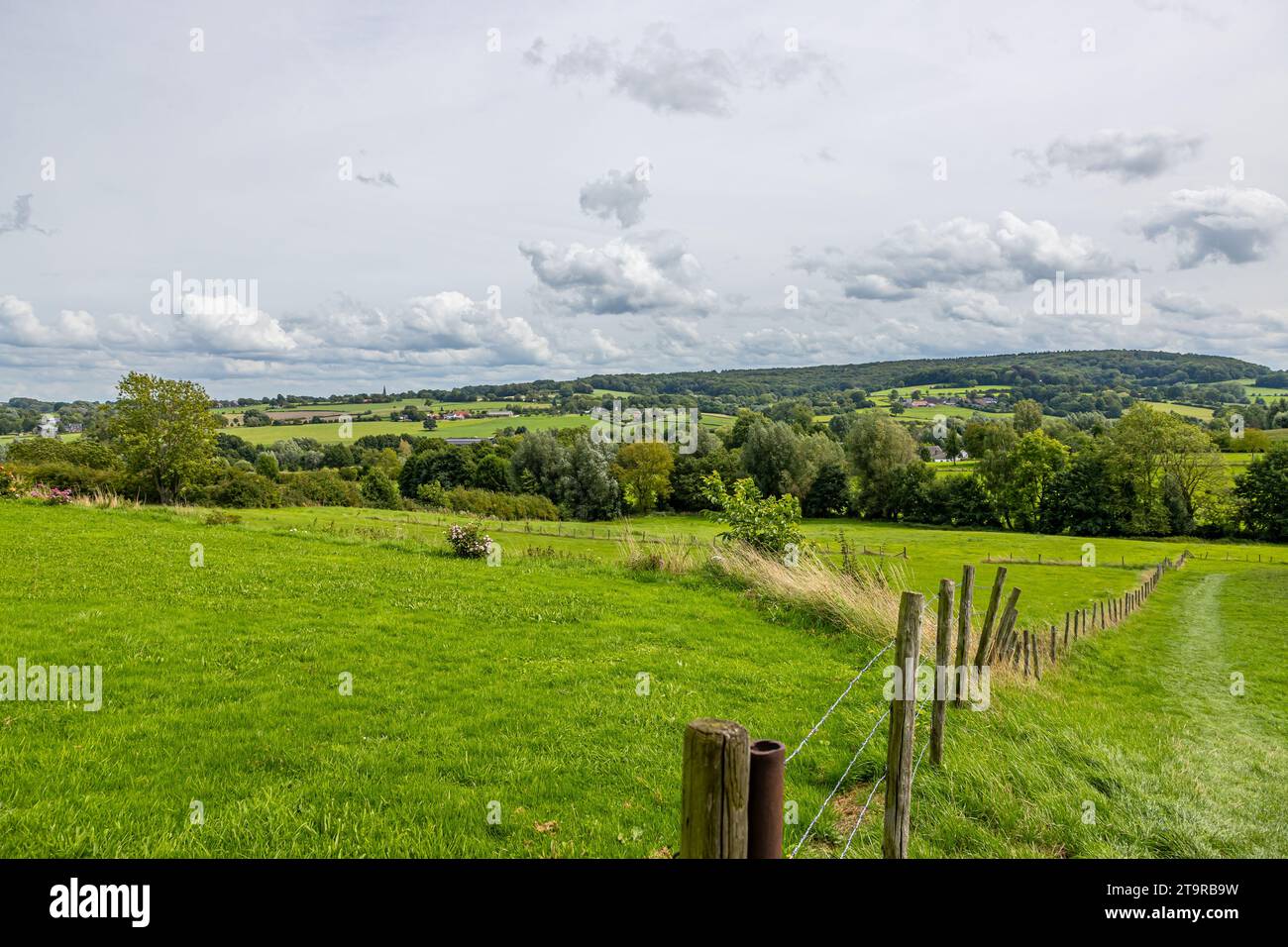 Dutch agricultural panoramic landscape, wooden posts and wire fences ...