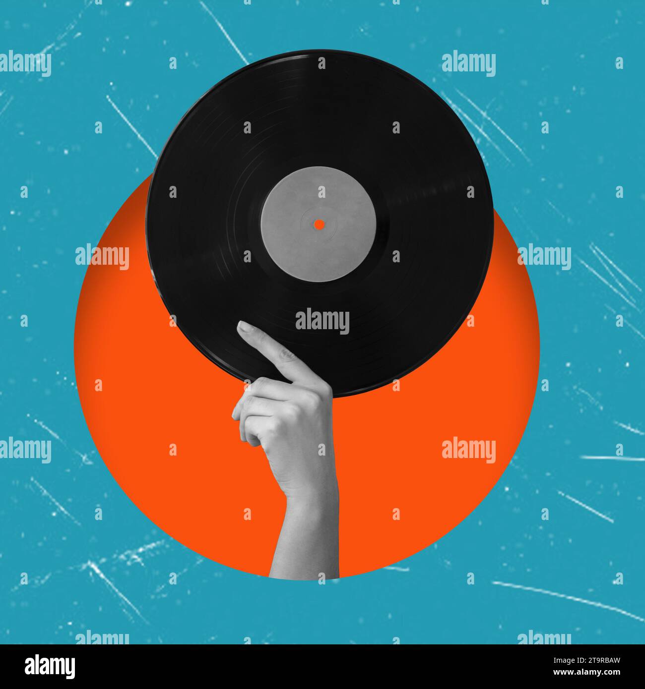 Art collage depicting a hand holding a vinyl record. Vinyl sheet music ...