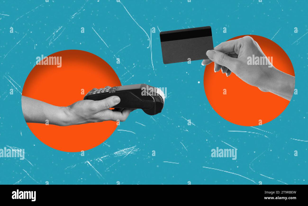 Collage of a Payment Terminal, Plastic Debit Card, and Shopping Concept ...