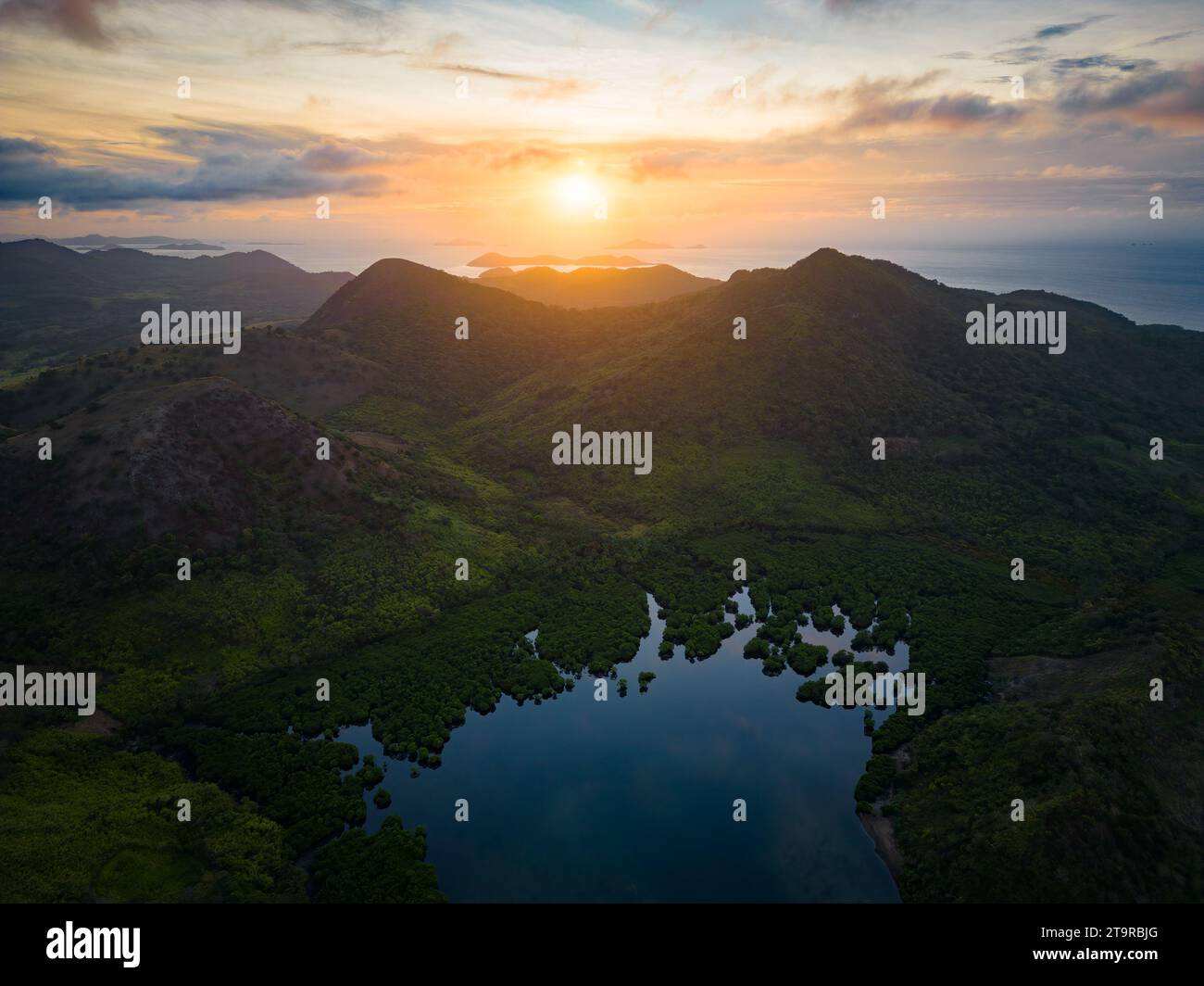 An aerial view of a sunrise over Culion Island, from El Nido to Coron ...