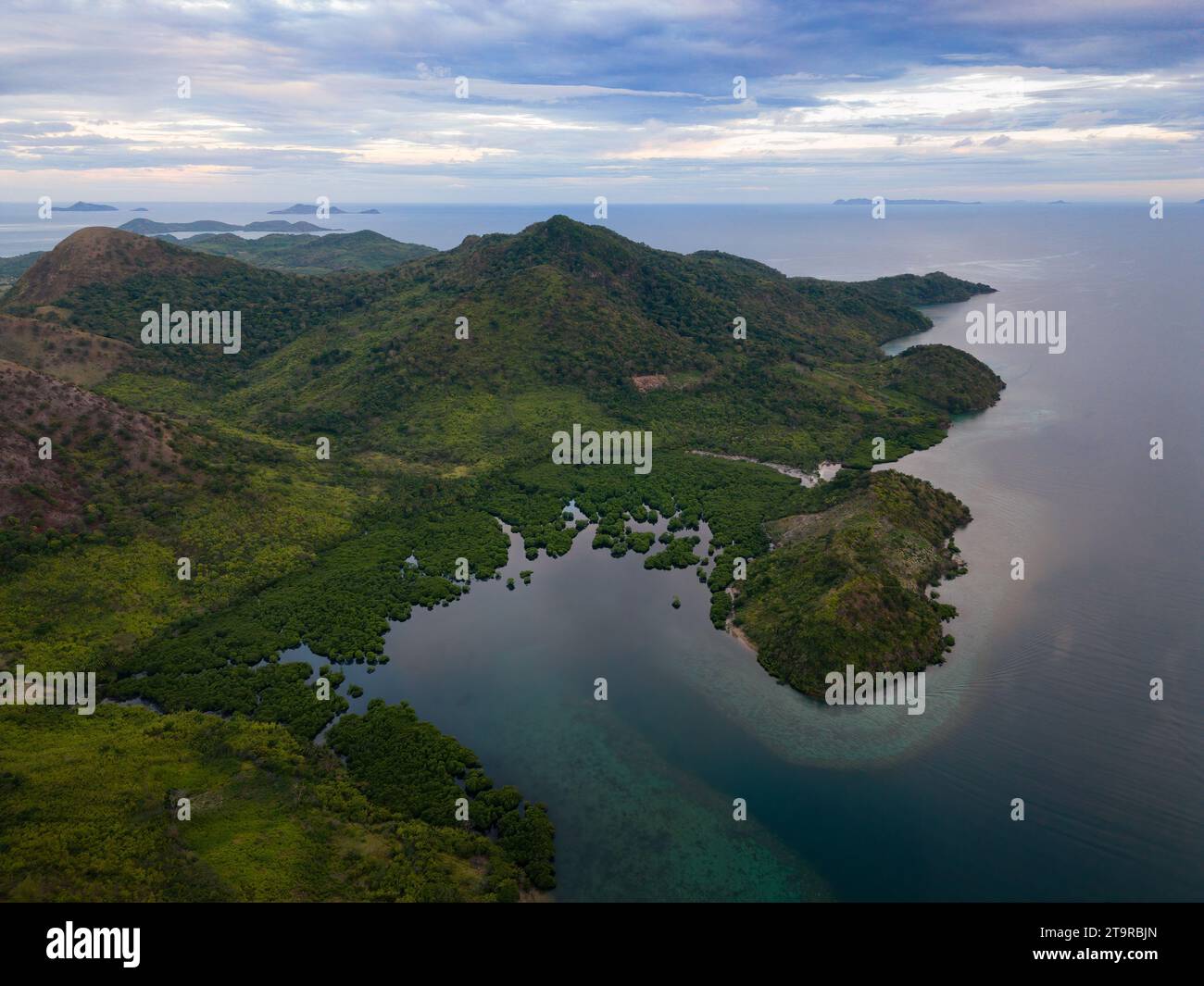 An aerial view of a sunrise over Culion Island, from El Nido to Coron ...