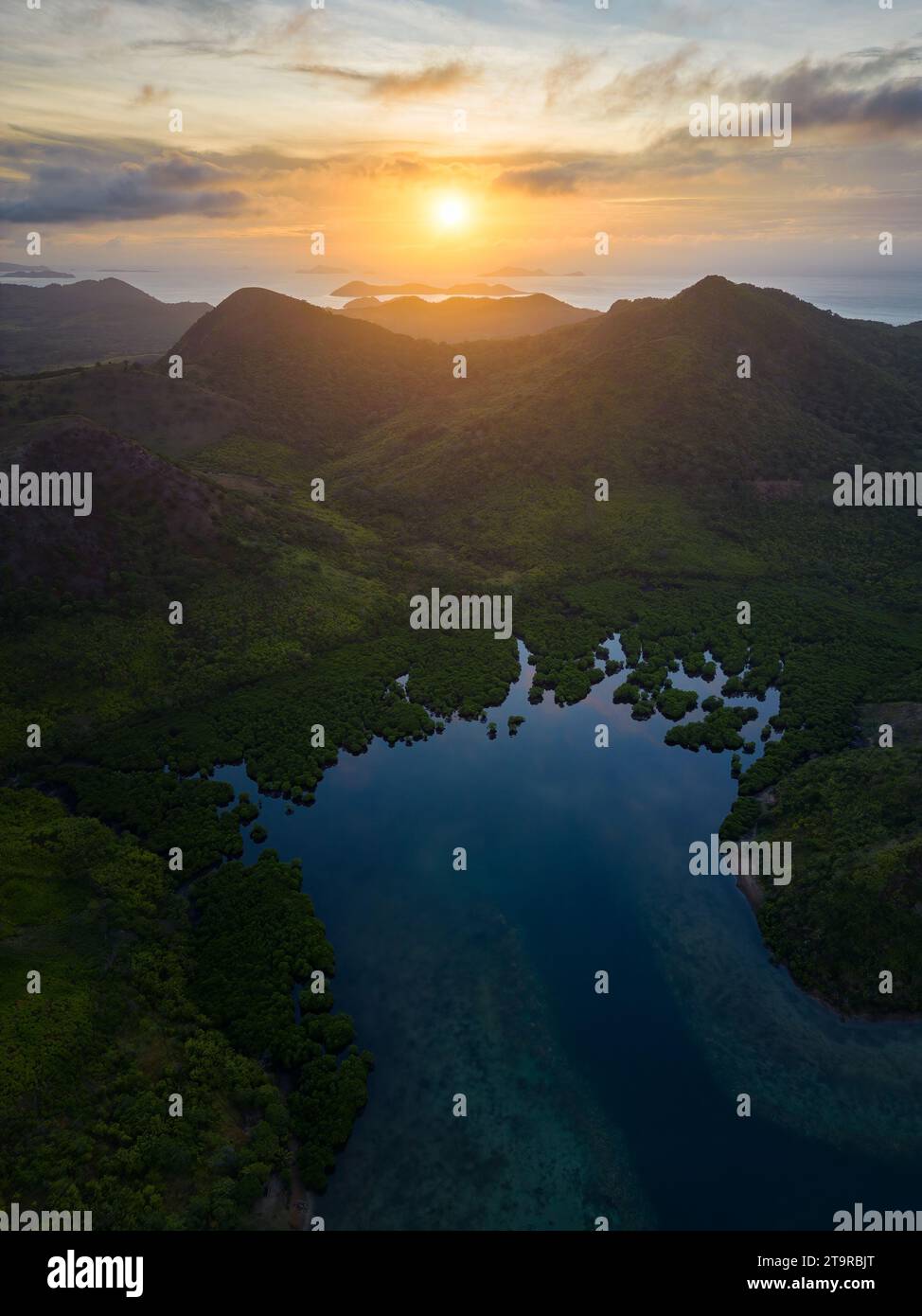 An aerial view of a sunrise over Culion Island, from El Nido to Coron ...