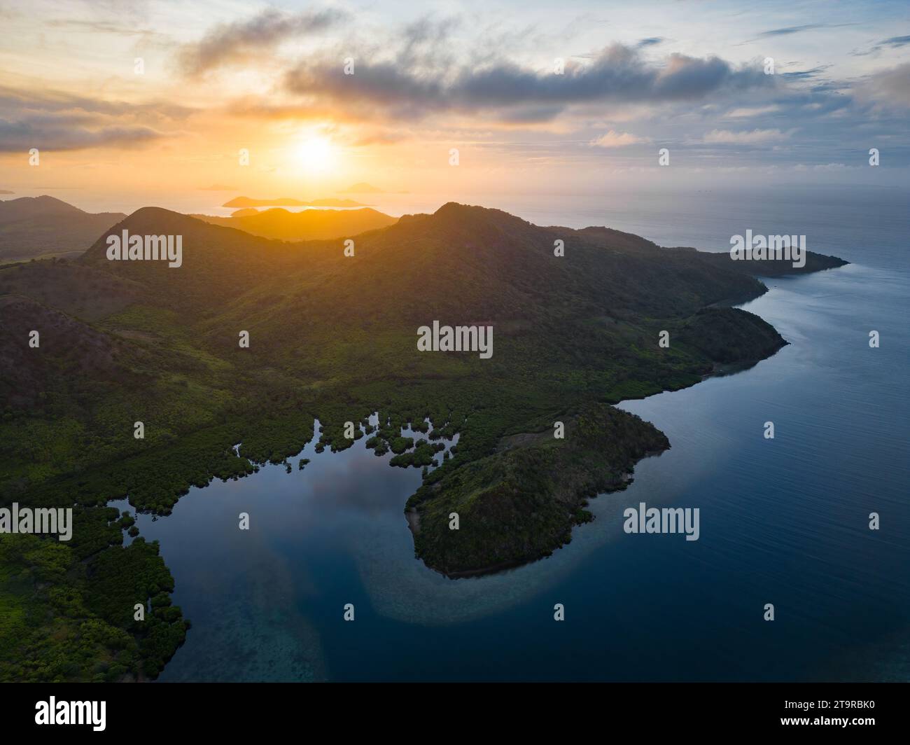 An aerial view of a sunrise over Culion Island, from El Nido to Coron ...