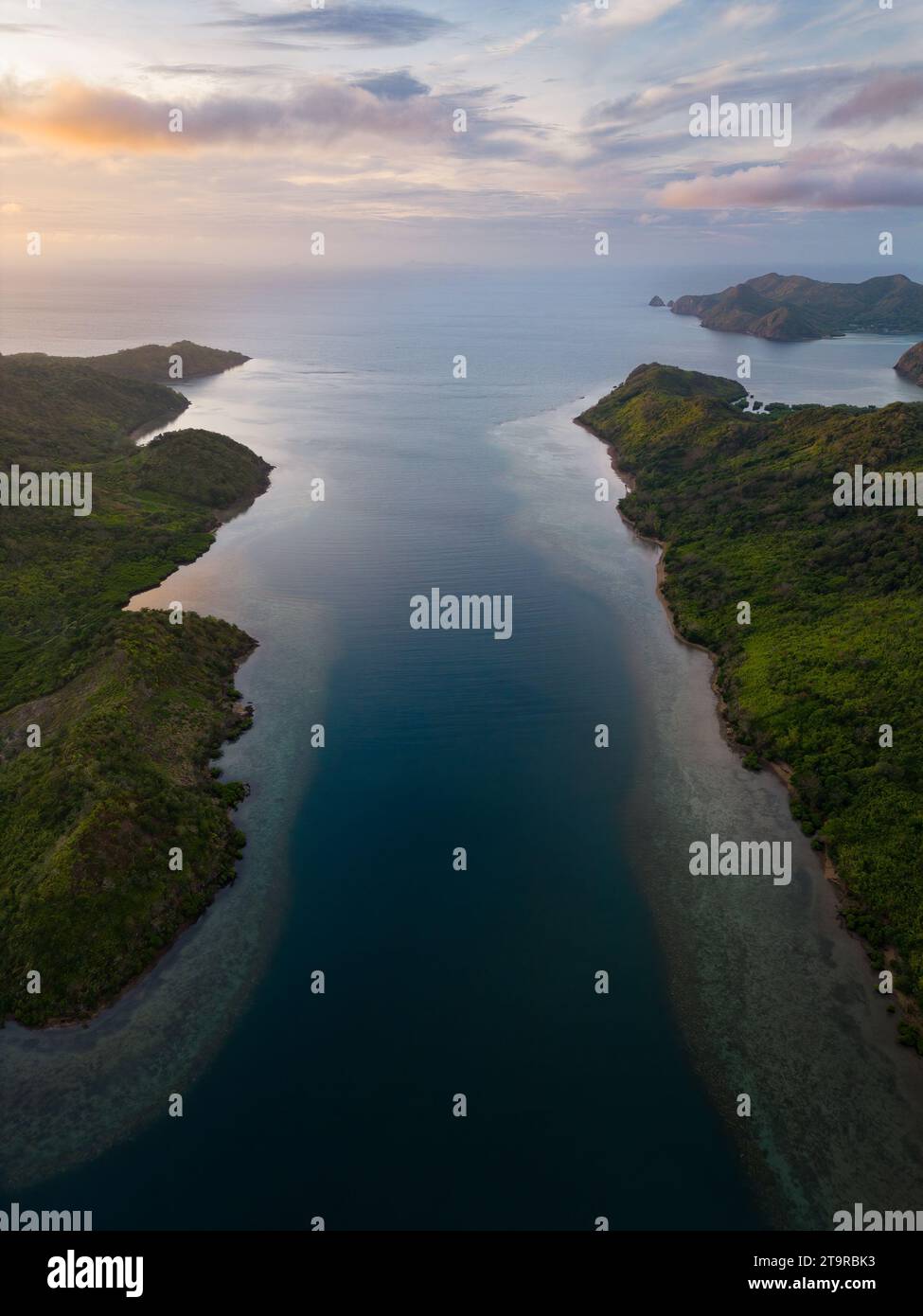 An aerial view of a sunrise over Culion Island, from El Nido to Coron ...