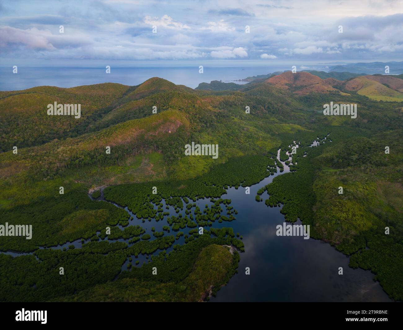 An aerial view of a sunrise over Culion Island, from El Nido to Coron ...