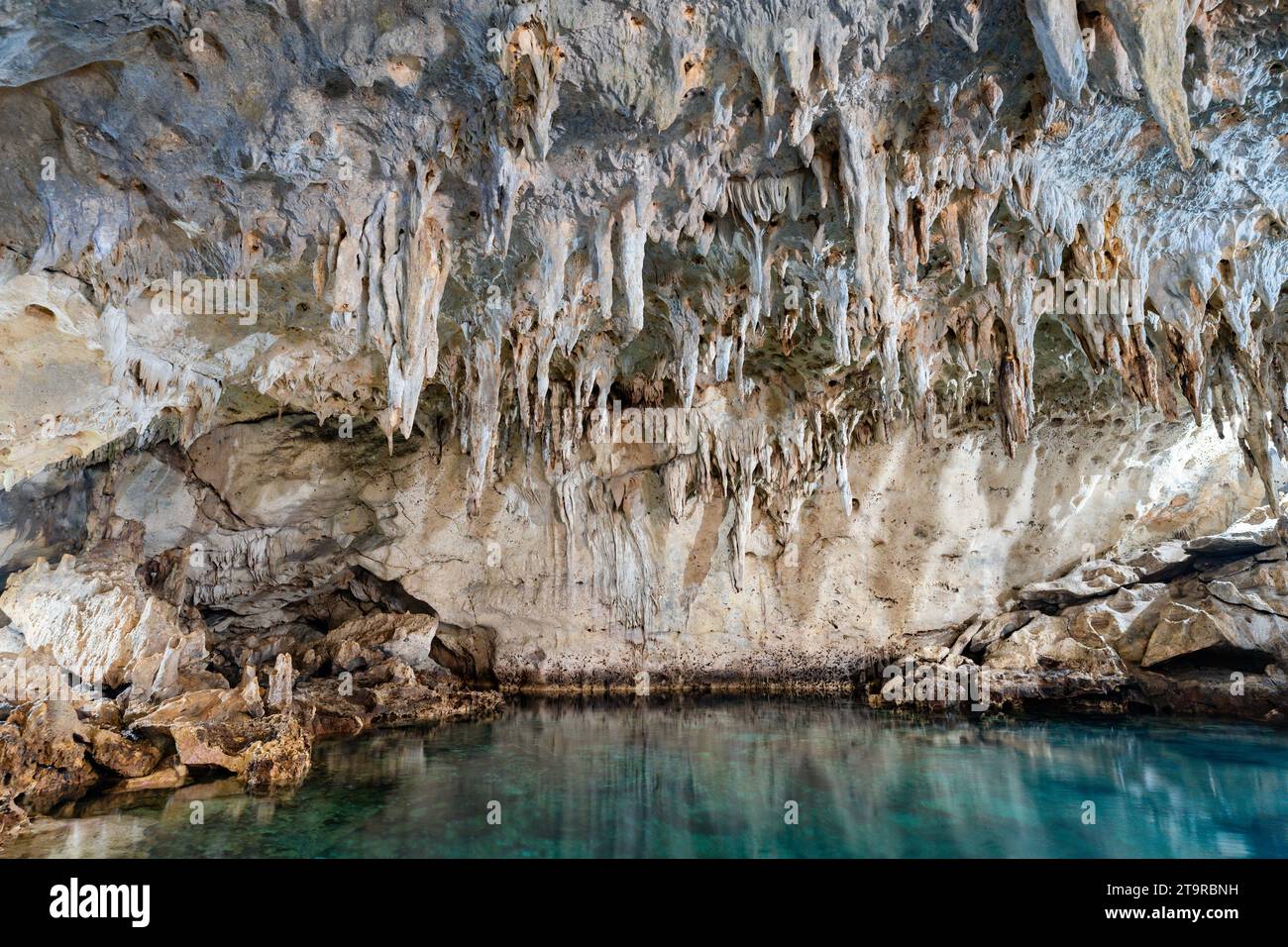 A close-up of rock structures in the Hinagdanan Cave on the island of ...