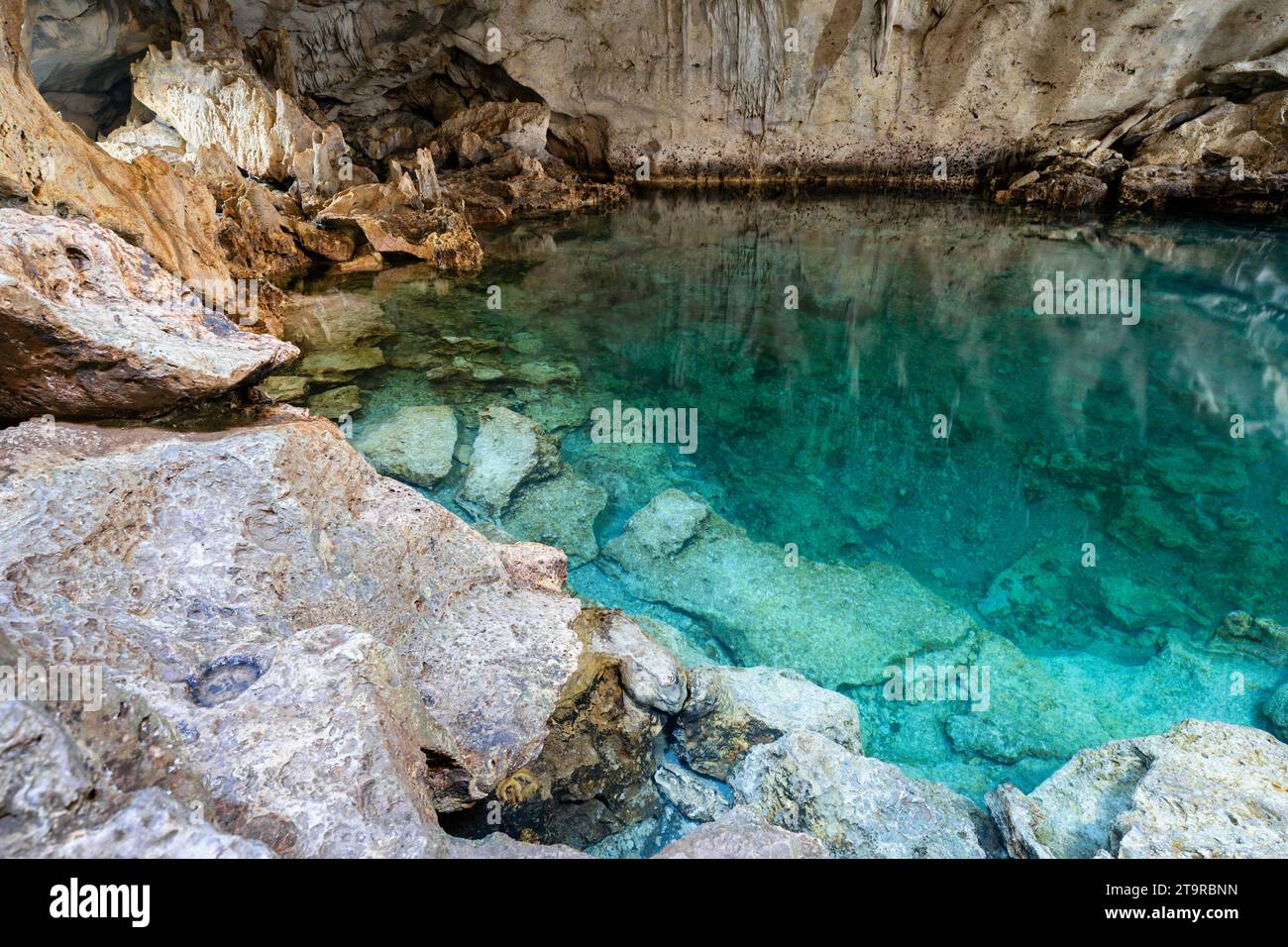 A close-up of rock structures in the Hinagdanan Cave on the island of ...