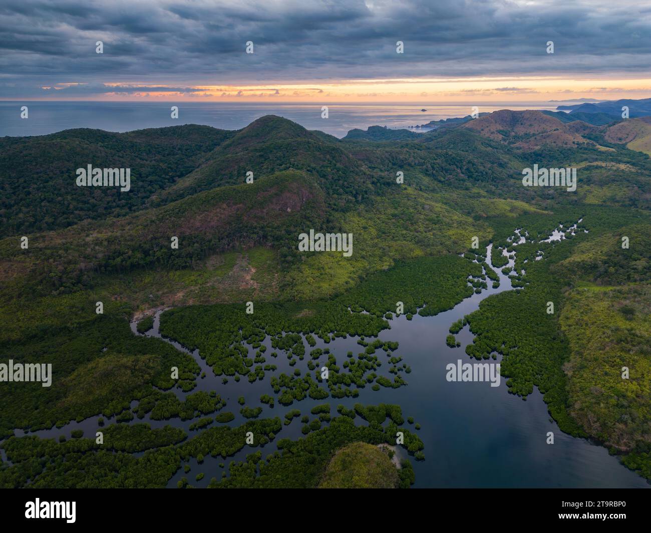 An aerial view of a sunrise over Culion Island, from El Nido to Coron ...