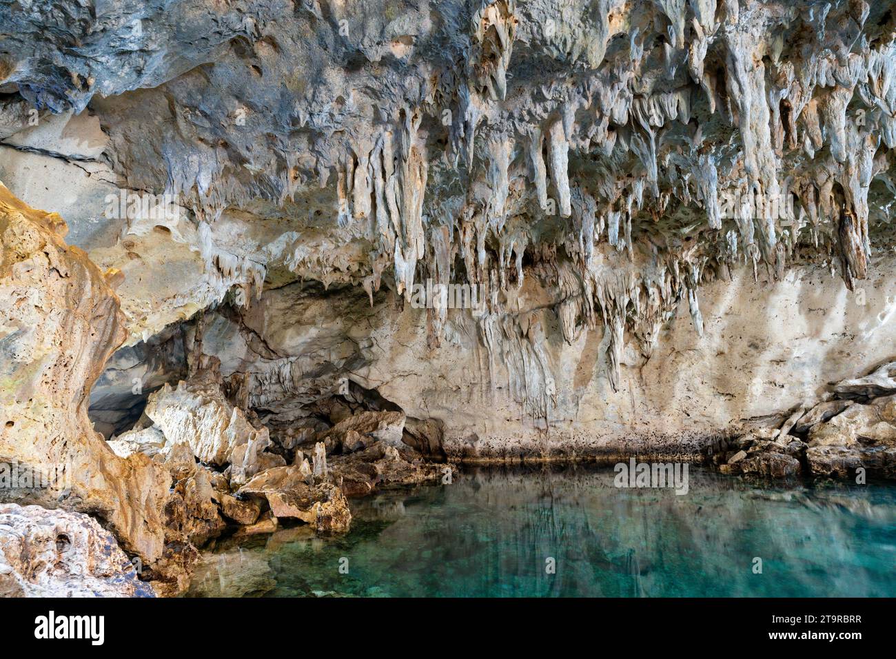 A close-up of rock structures in the Hinagdanan Cave on the island of ...