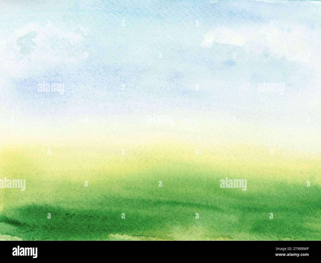 Landscape scenery outdoor watercolor drawing. Field green yellow and ...