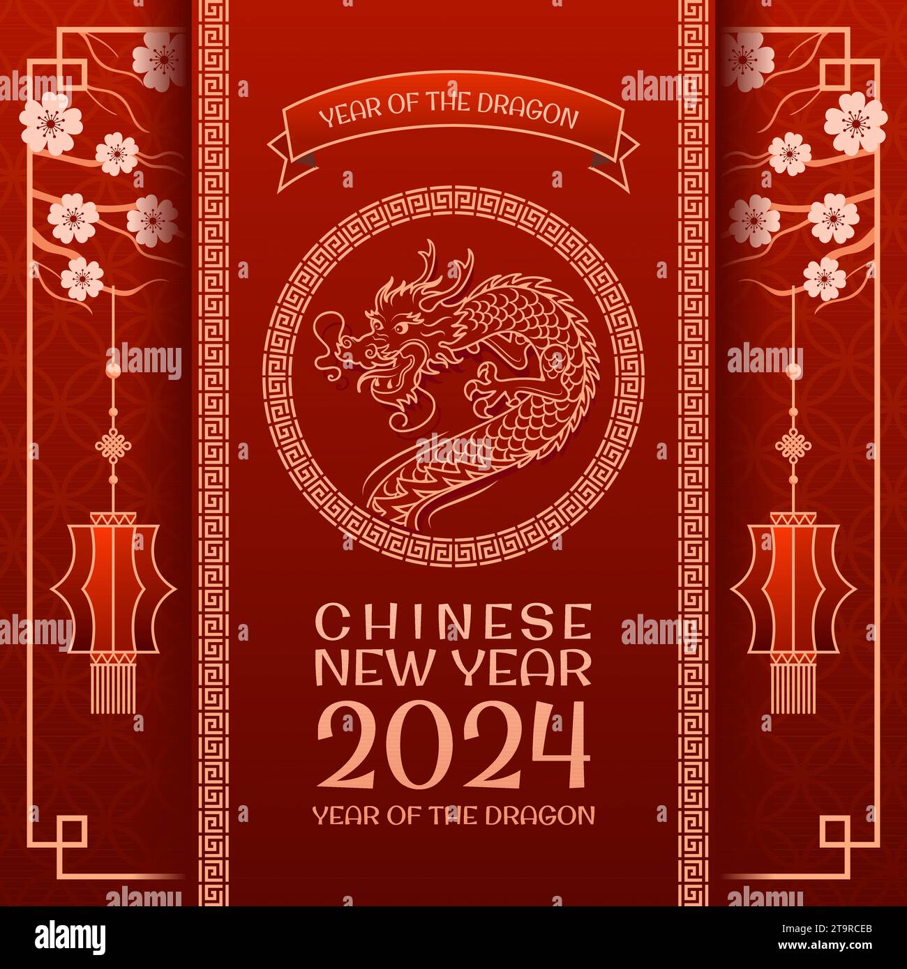 Chinese New Year of the Wooden Dragon. Banner with gold Antique pattern ...