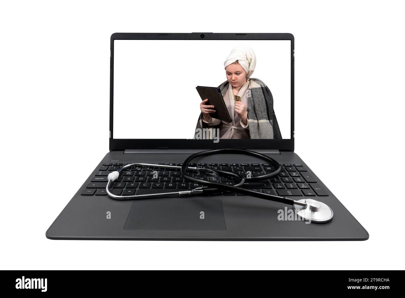 Laptop and medical stethoscope isolated on white background. On laptop ...