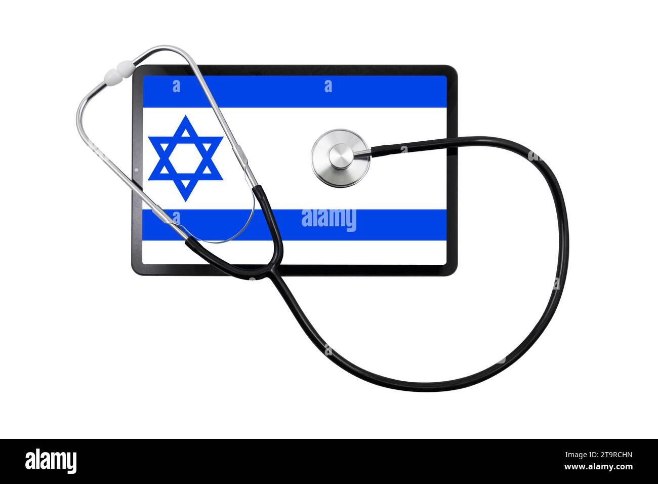 Tablet PC with Israel flag on screen and medical stethoscope, isolated ...