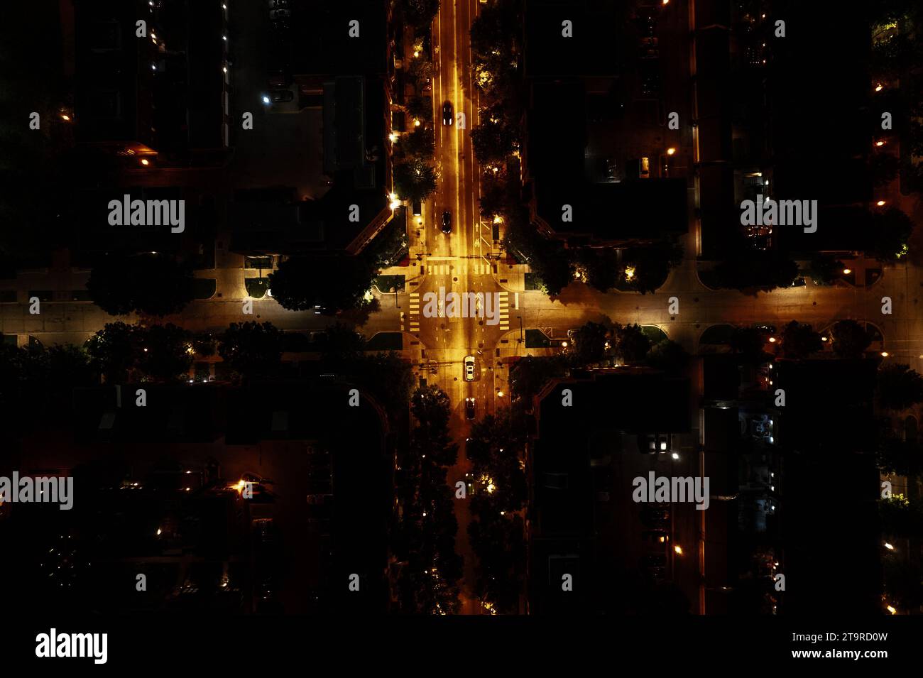 Aerial top-down view of street intersections in downtown Chicago at ...