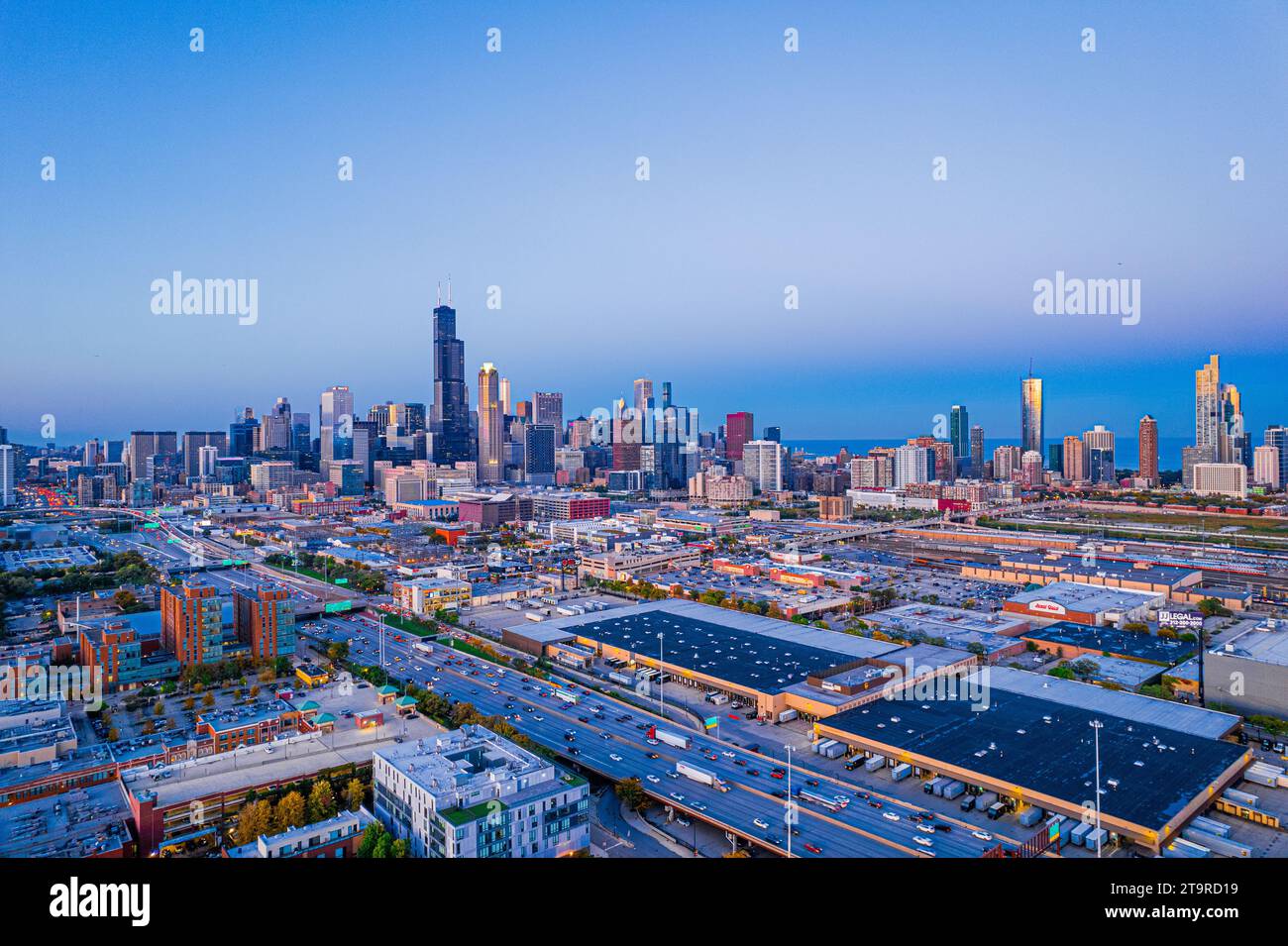 Aerial view of Chicago downtown and the I-90 from the southwest facing ...