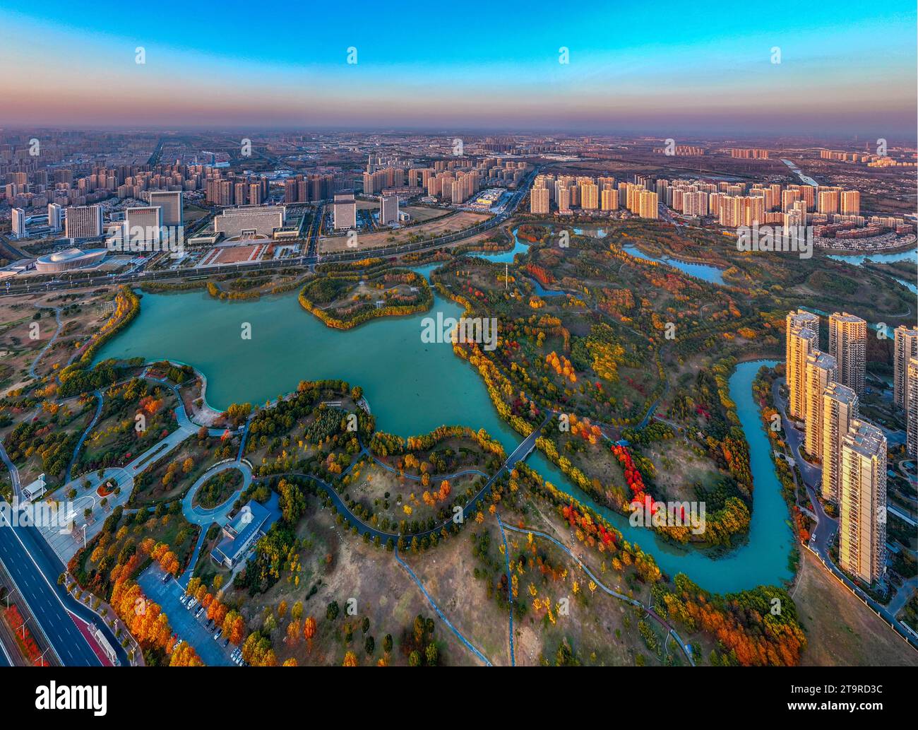 Aerial photo shows the early winter scenery of a forest park in Huai'an ...