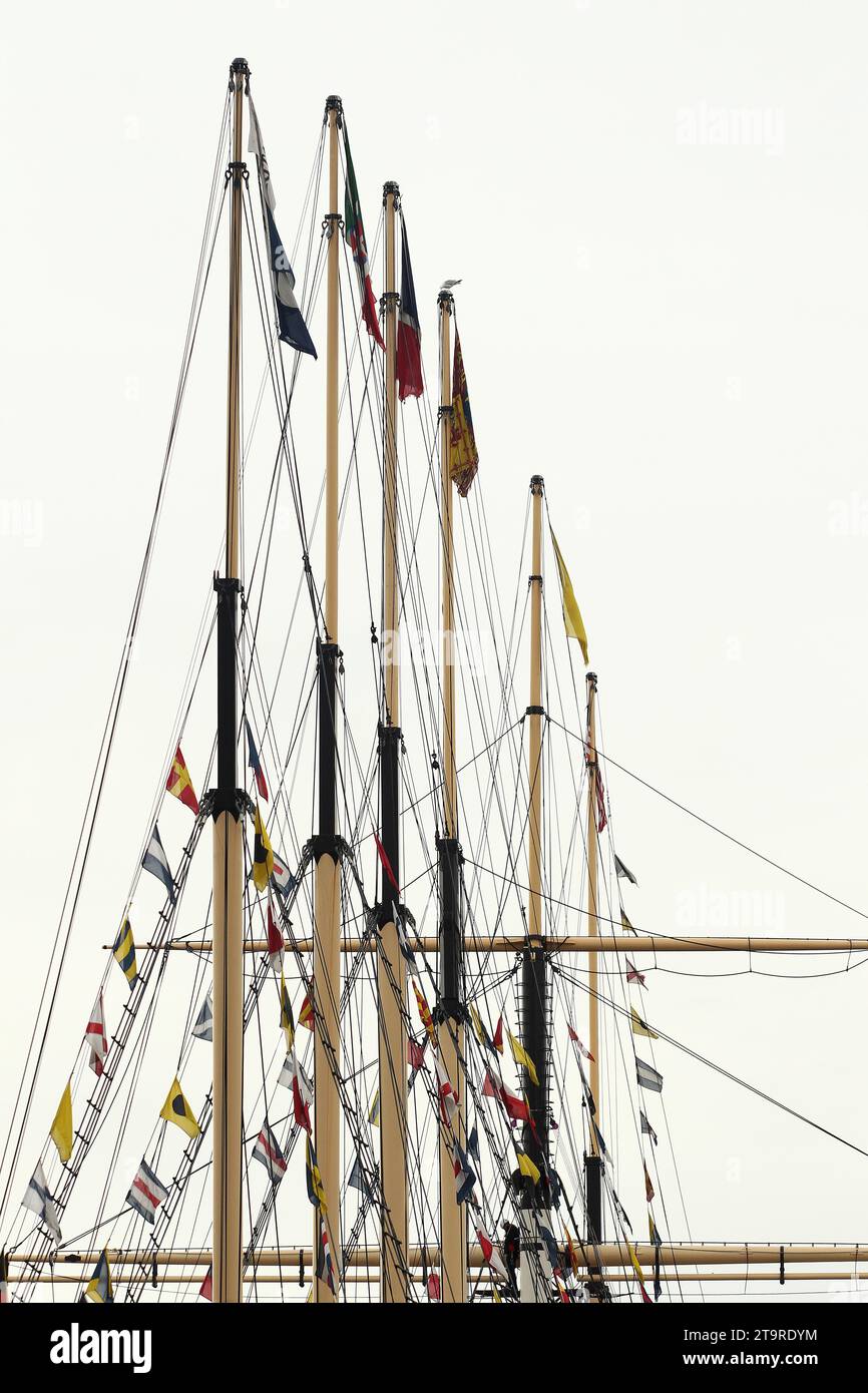 A general view of Brunel's SS Great Britain masts decorated with flags ...