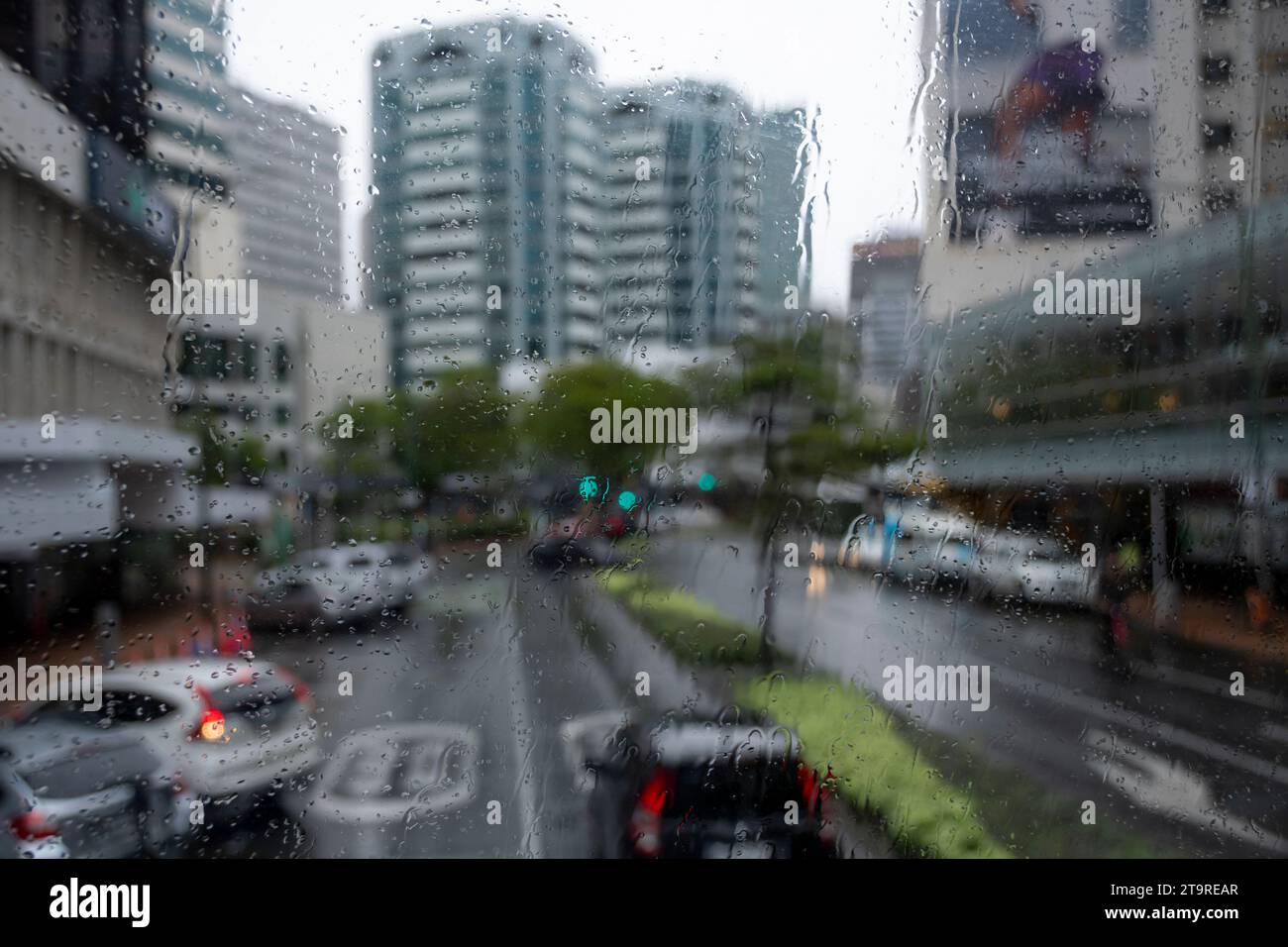 Street scene through rainy window, Lambton Quay, Wellington, North ...