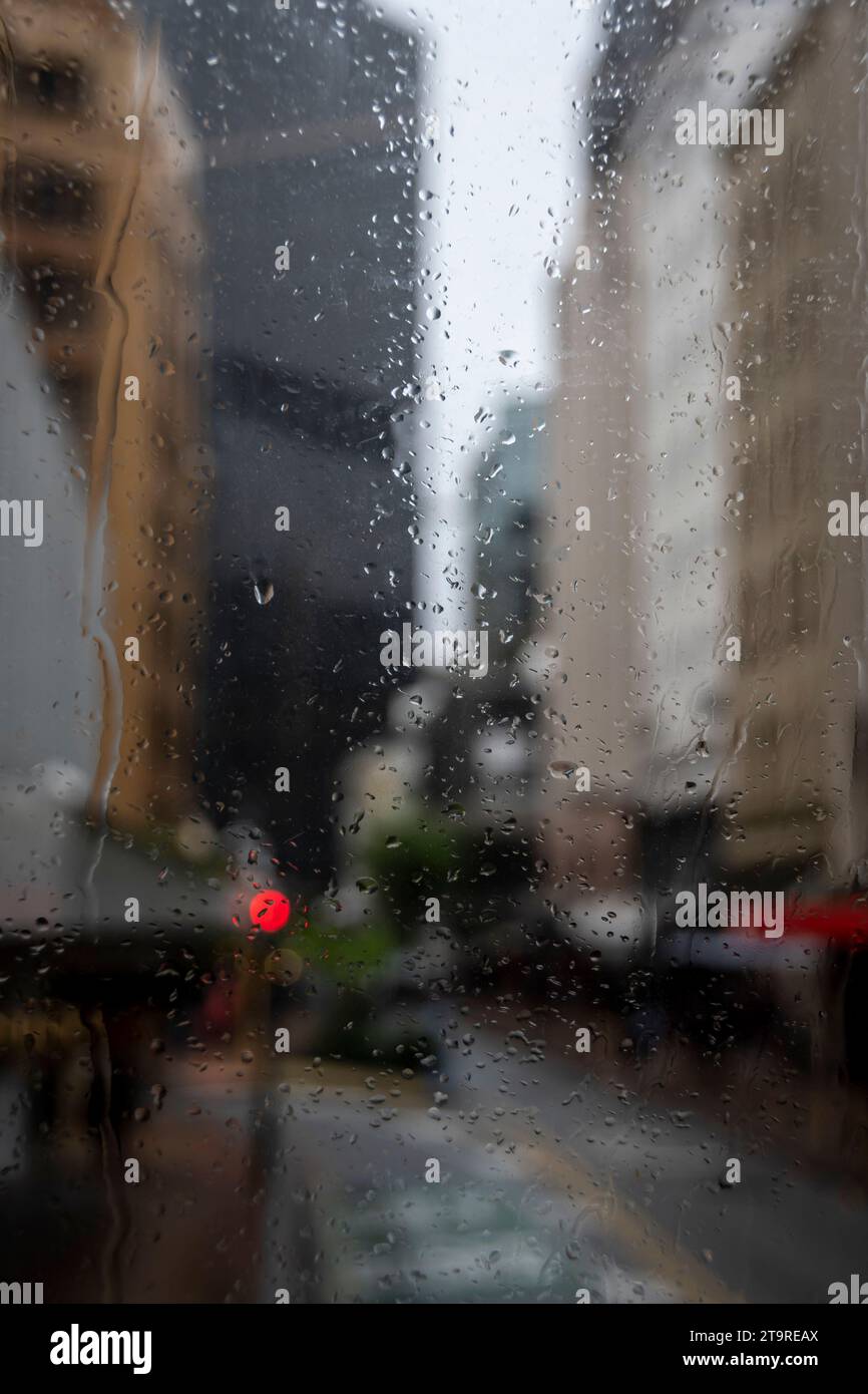Street scene through rainy window, Lambton Quay, Wellington, North ...