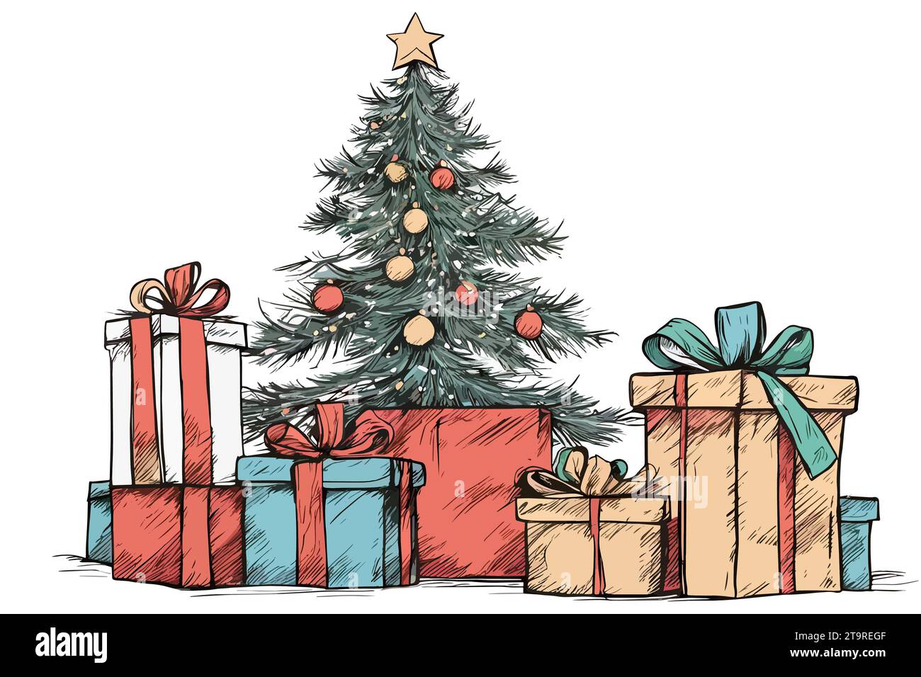 Set hand drawn Christmas trees decorated with gift boxes and balls ...