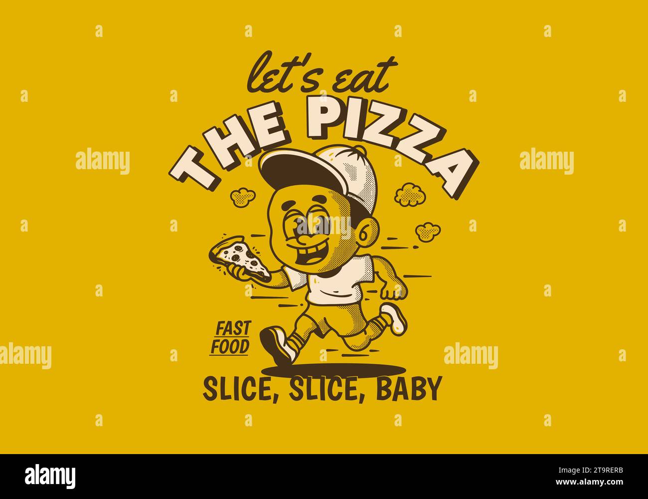 Let's eat the pizza. A boy character running and holding a slice pizza ...