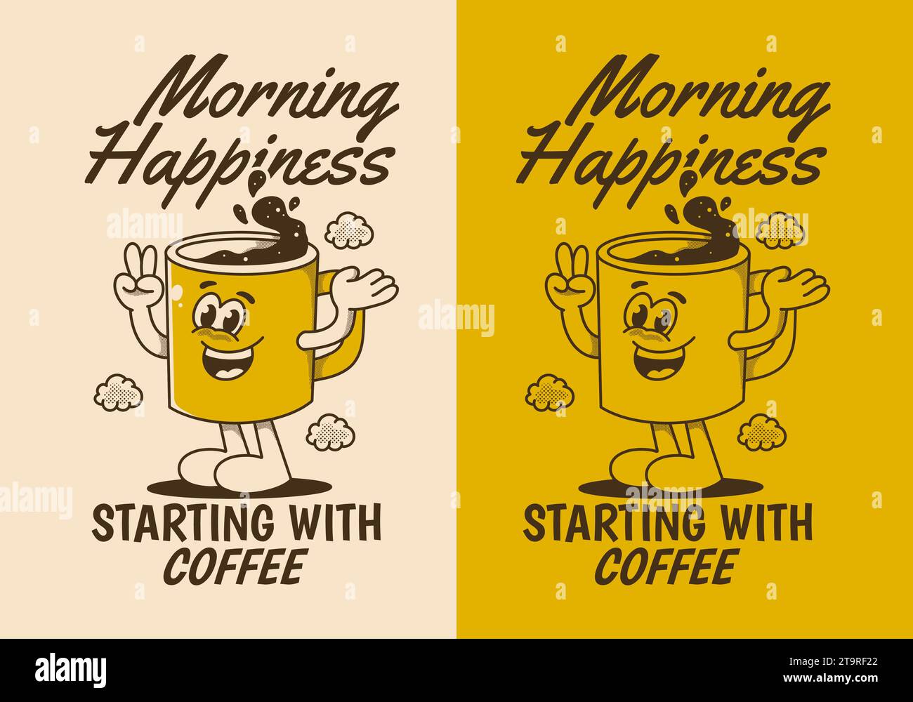 Morning happiness starting with coffee. Vintage character illustration ...
