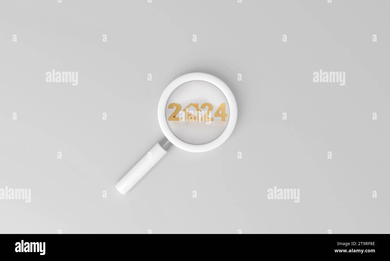Magnifying glass is looking at golden number 2024 and house icon with ...