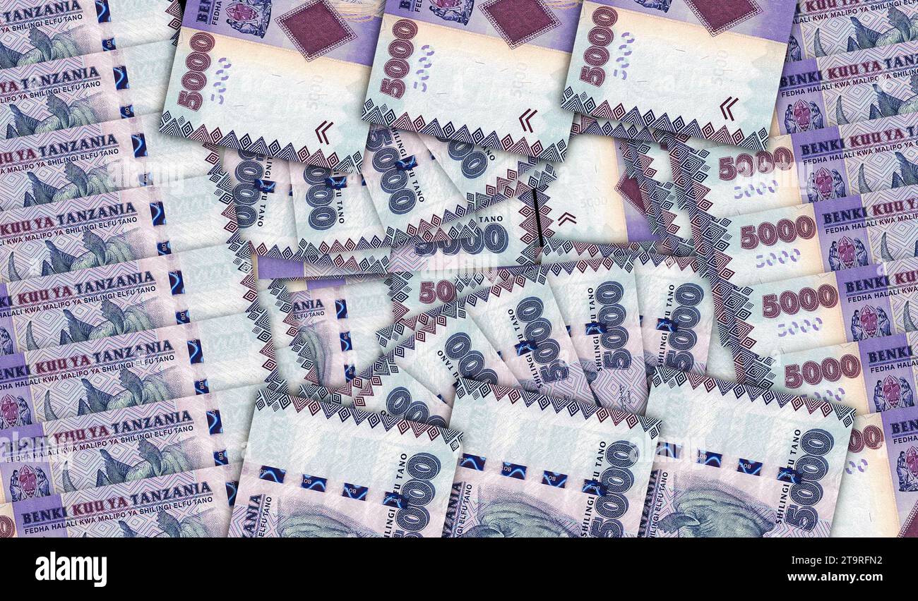 Tanzania shilling banknotes in a cash fan mosaic pattern. Tanzanian TZS ...