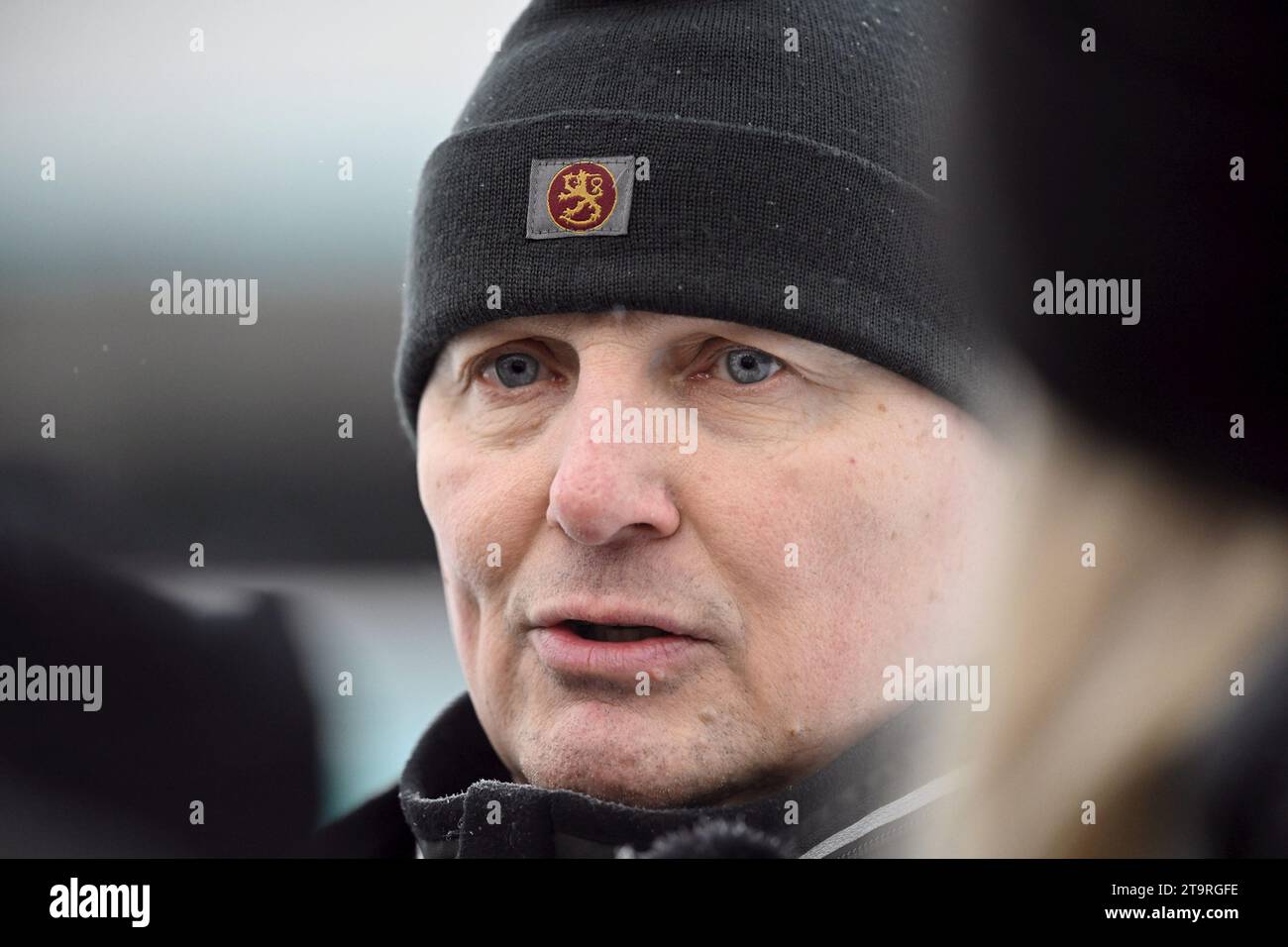 The head of the Border Guard station Kimmo Louhelainen talks to media ...