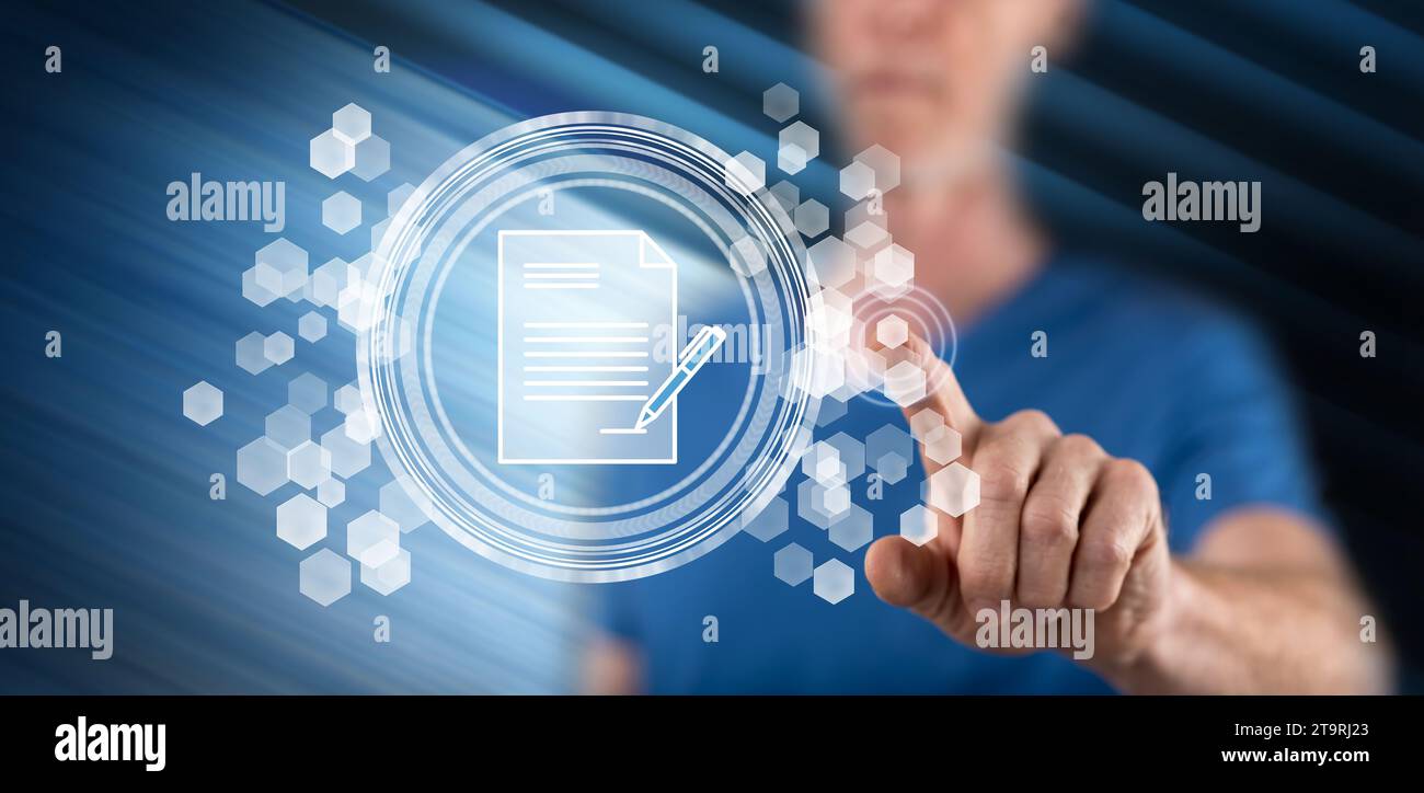 Man touching a smart contract concept on a touch screen with his finger ...