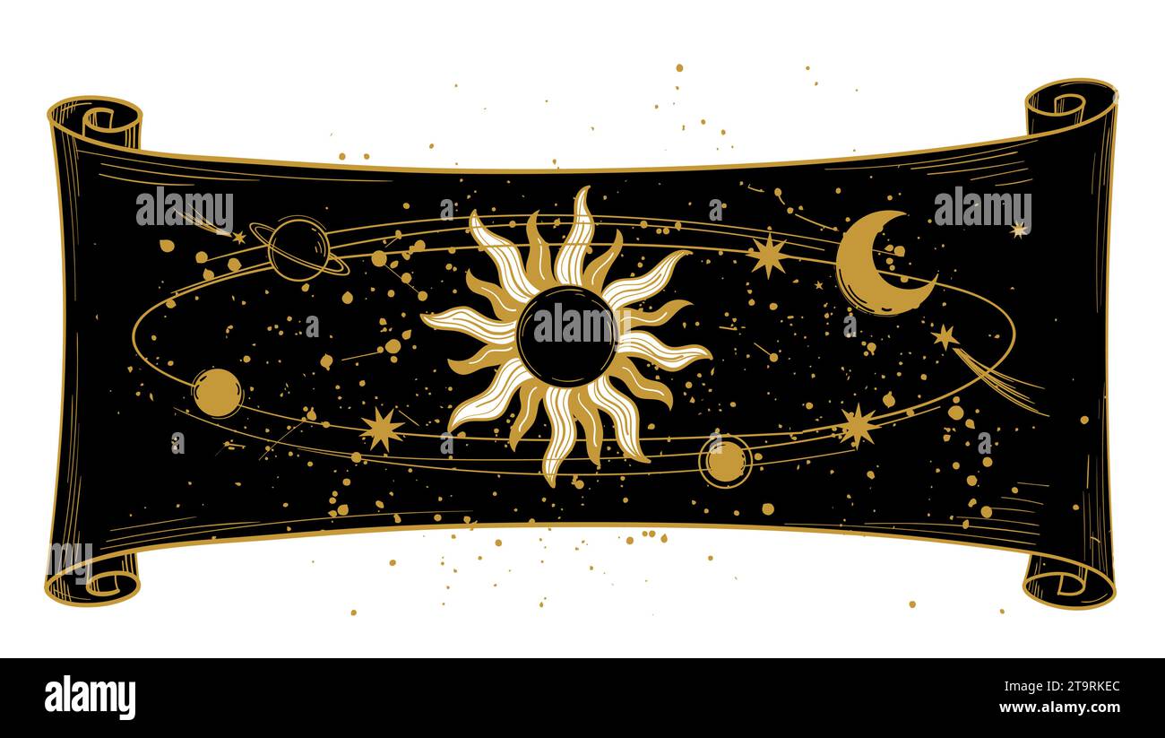 Vintage scroll of the universe with the sun and planets on a black ...