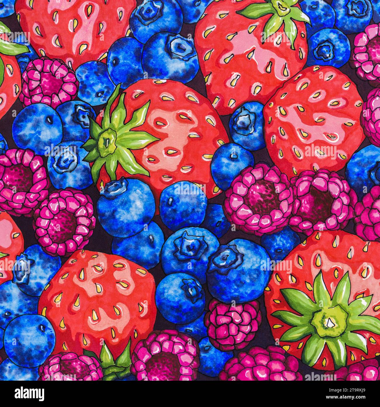 Pile of colorful fresh berries. Illustration hand painted with markers ...