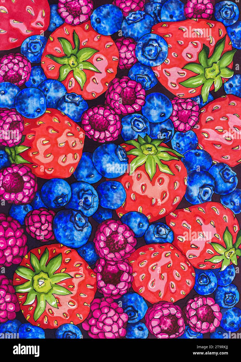 Pile of colorful fresh berries. Illustration hand painted with markers ...