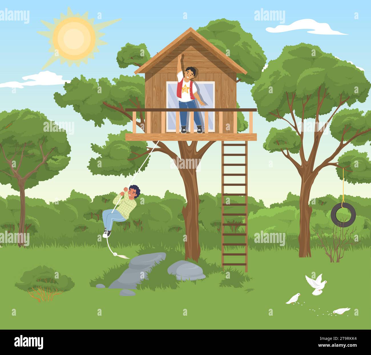 Children playing in house on tree at backyard garden vector ...