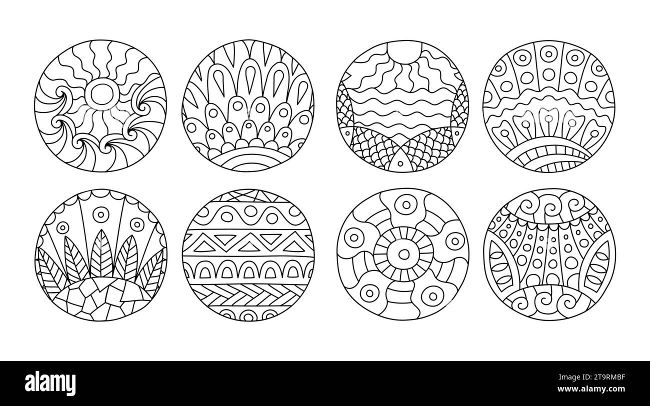 Coloring page with circles filled with different doodles, hand drawn ...