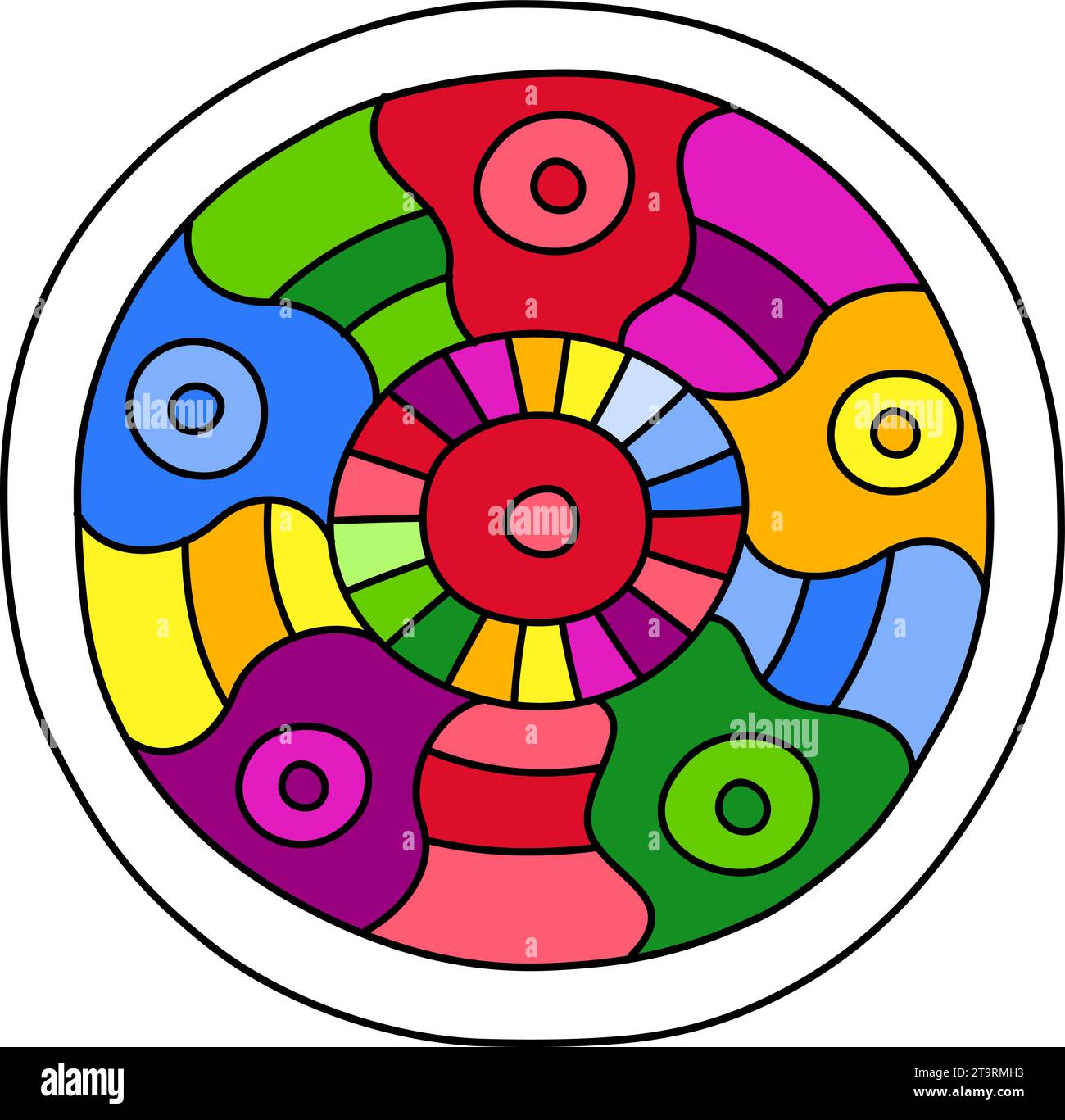 Round coloring page filled with hand drawn doodle motifs in a circle ...