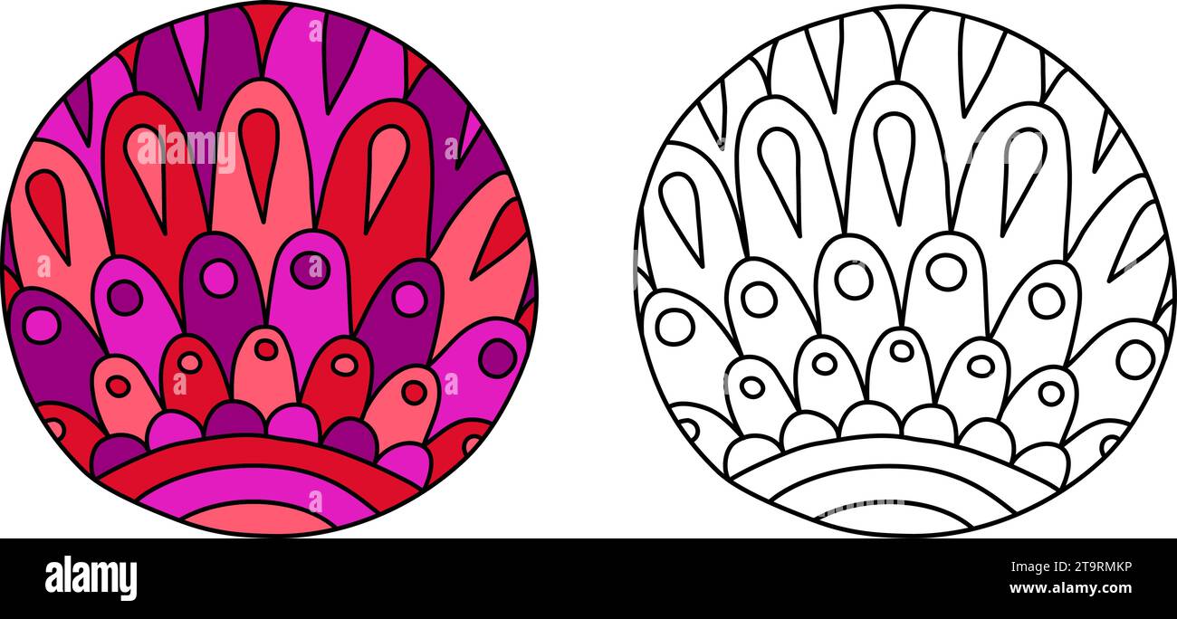 Round coloring page with pink colored example, filled with hand drawn ...