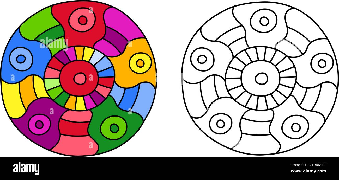 Round coloring ornament, empty and filled with colorful hand drawn ...