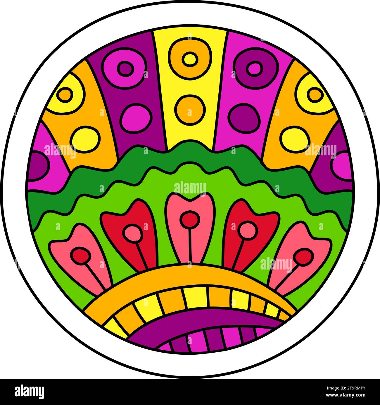 Round coloring page filled with hand drawn doodle motifs in a circle ...