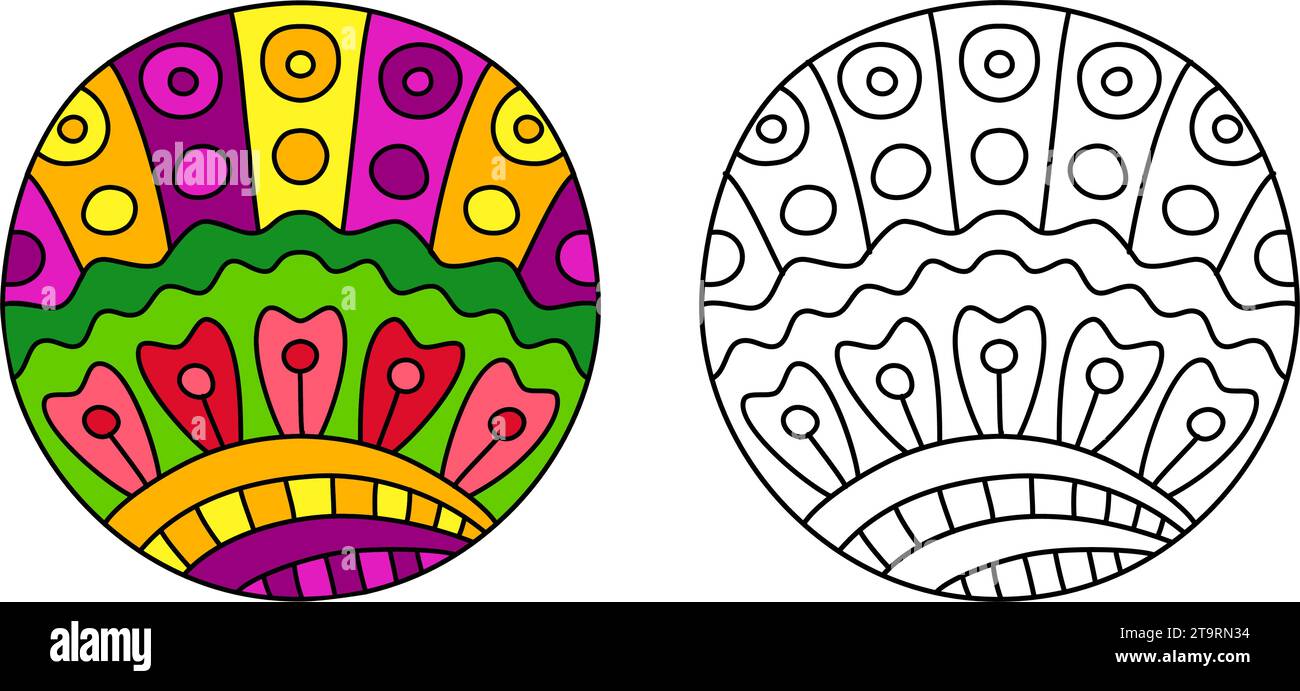 Round coloring ornament, empty and filled with colorful hand drawn ...