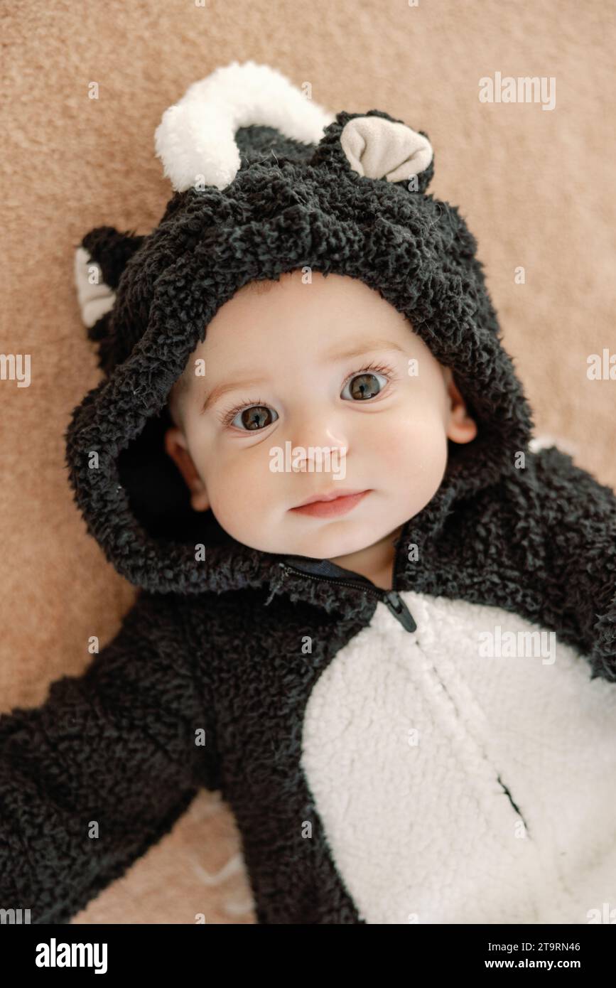 Baby smiling in skunk animal halloween costume Stock Photo - Alamy