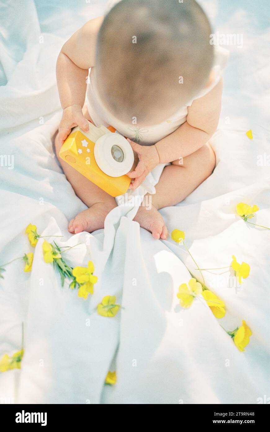 Overhead view of baby sitting outdoorsholding toy camera and flowers ...
