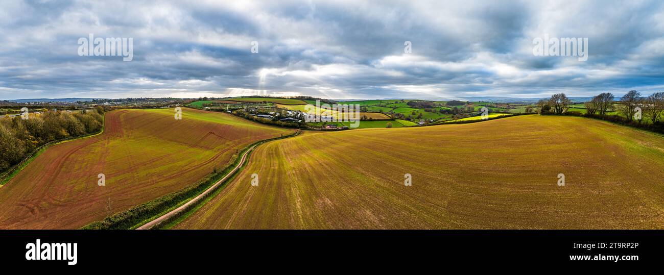 Panorama over Fields and Farms from a drone, Devon, England, Europe ...