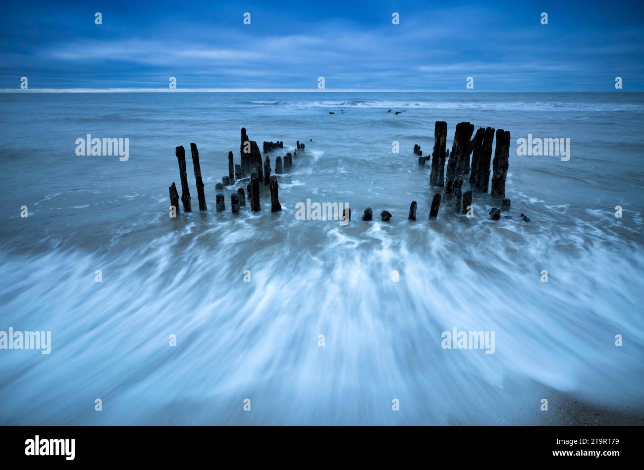 Remains of an old weathered groyne, historic box groyne, wooden groyne ...