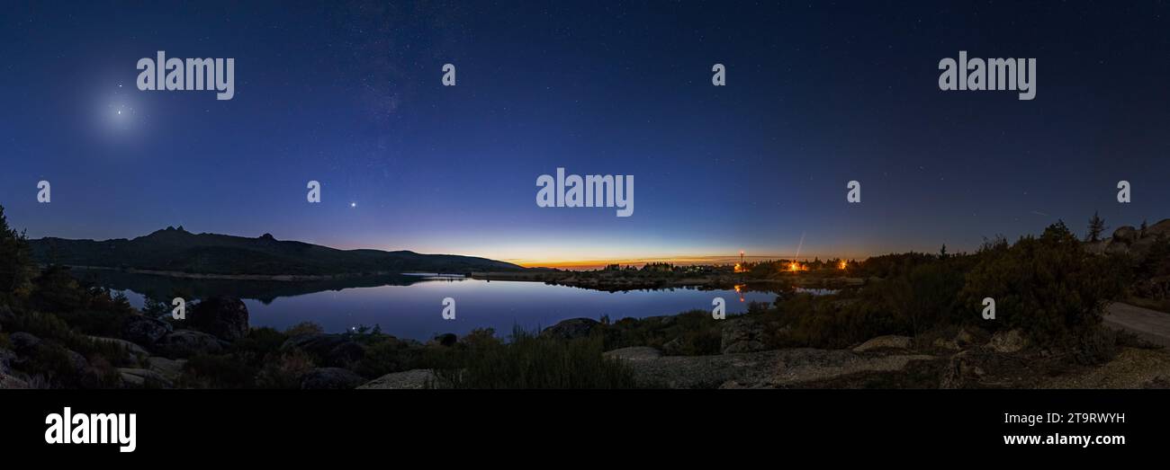 Panorama of nigh sky with Crescent moon and planets Venus, Saturn ...