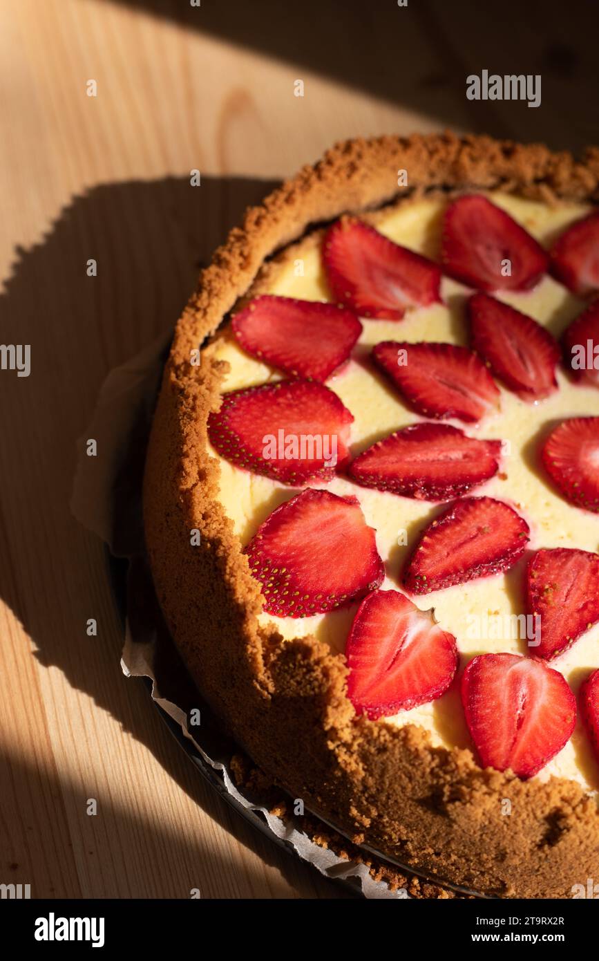 Strawberry Cheesecake top view from above. A classic decadent dessert ...